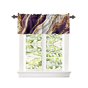 Window Curtain Valances for Kitchen Windows,Purple Gold White Marble Texture Rod Pocket Short Window Valance Natural Cracks Granite Stone Cafe Treatment Valance for Living Room/Bathroom/Bedroom