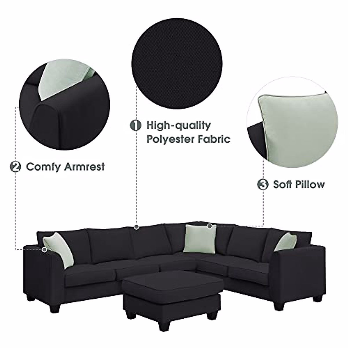 FIQHOME 7-Seat Reversible Chaise, L Shaped Ottoman, Living Room, Modular Sectional Fabric Sofa Corner Couch Set with 3 Pillows, Black