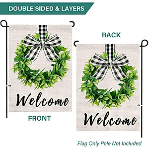 XIFAN Welcome Garden Flag Heavyweight Burlap Boxwood Wreath Flag Double Sided Buffalo Plaid Bow Small 12.5 x 18 Inch Spring Yard Farmhouse Outdoor Decoration