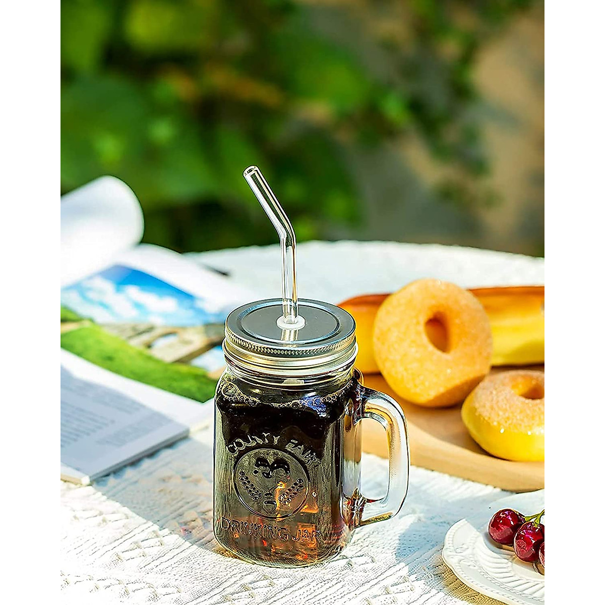 2PCS Mason Jar Lids 17OZ Straw Hole with 3 Reusable Glass Straw, 1 Cleaning Brush Mason Jar Drinking Lids and Straw Boba Cups Coffee Mug Wide Mouth Mason Jars