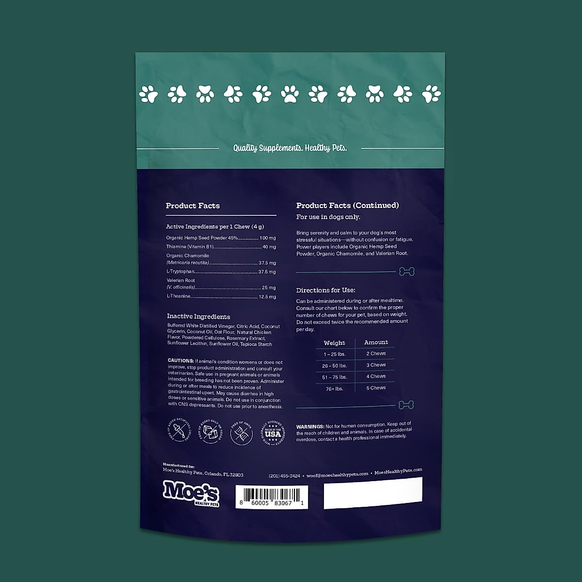 Moe’s Hemp Calming Chews for Dogs - Helps Aid with Storms, Fireworks, Chewing, Barking, Travel, Stress, Anxiety & Separation Anxiety - Tryptophan + Chamomile - Made in The USA - (Chicken)