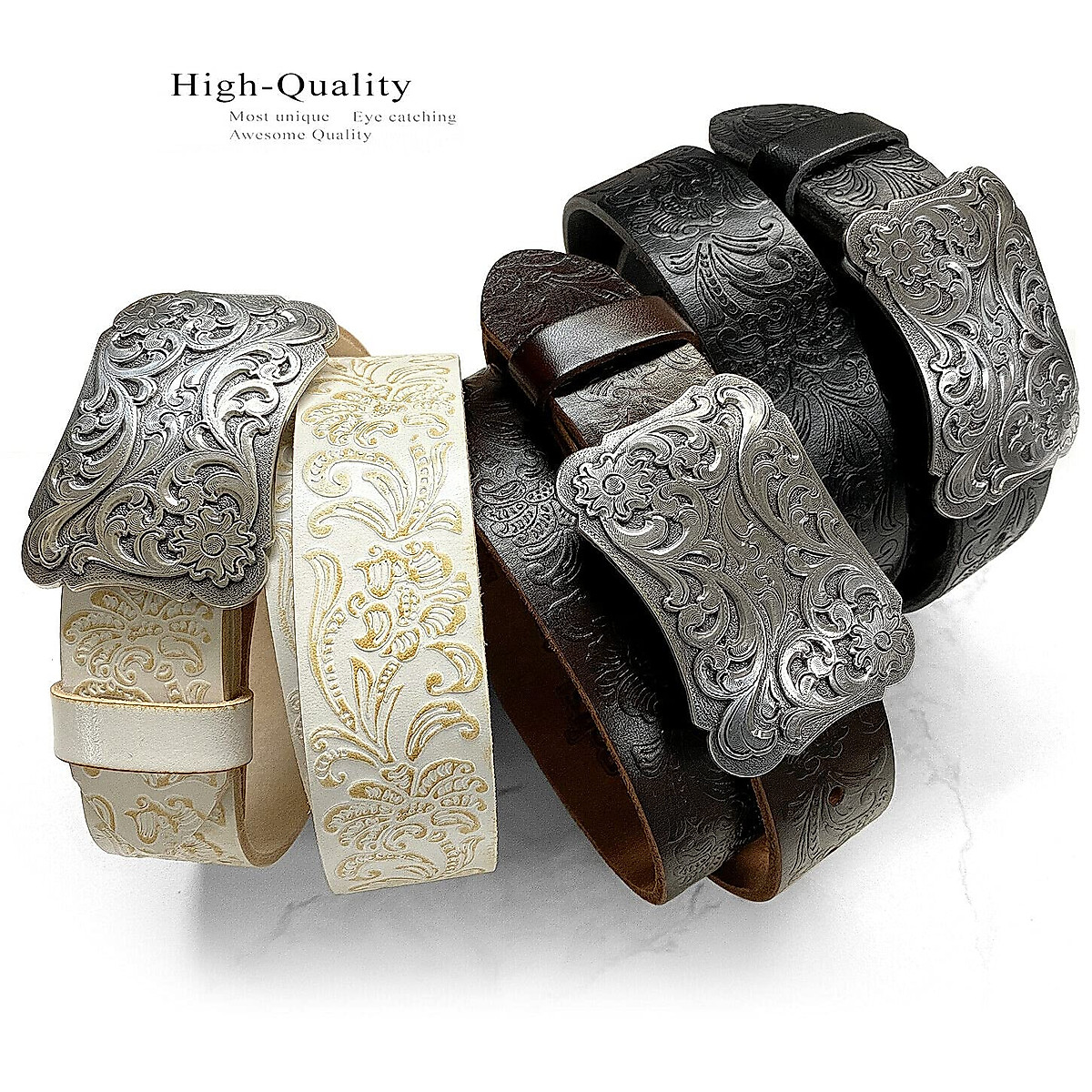 HA0038-BS036-W Cowtown Western Tooled Full Grain Genuine Leather Belt 1 1/2"(38mm) Wide (Black, 34)