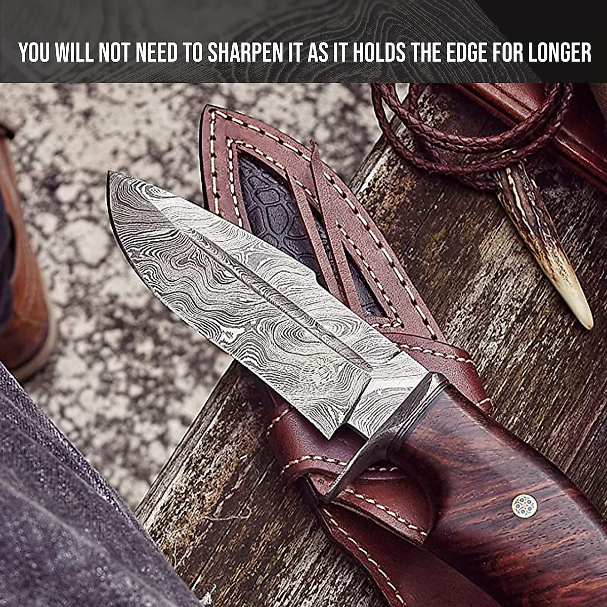 BIGCAT ROAR Handmade Damascus Hunting Knife - Bushcraft Fixed Blade Hunting Knife with Sheath and Walnut Wood Handle - 10″ EDC Skinning Knife - Beast Hunter