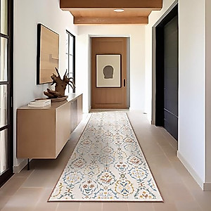 Phantoscope Hallway Runner Rug 2'x10', Washable Non-Slip Boho Rug Runner with Rubber Backing, Ultra-Thin Classic Floral Painting Stair Runner for Kitchen Entryway Bathroom Stairway, Beige Pink/Floral