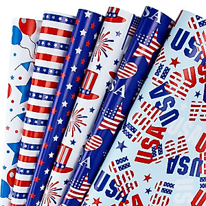 WRAPAHOLIC Wrapping Paper Sheet - Memorial Day, 4th of July Design for Birthday, Holiday, Wedding, Baby Shower - 1 Roll Contains 6 Sheets - 17.5 inch X 39.3 inch Per Sheet