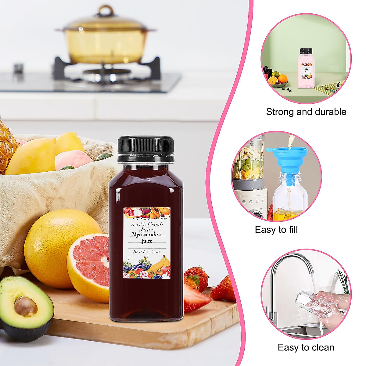 Prerrysurpasse 48pcs 8oz Empty Plastic Juice Bottles- Clear Homemade Juicing Drinks Containers with Black Tamper Proof Lids for Juicing, Smoothie,Drinking,Reusable Beverages Bottles