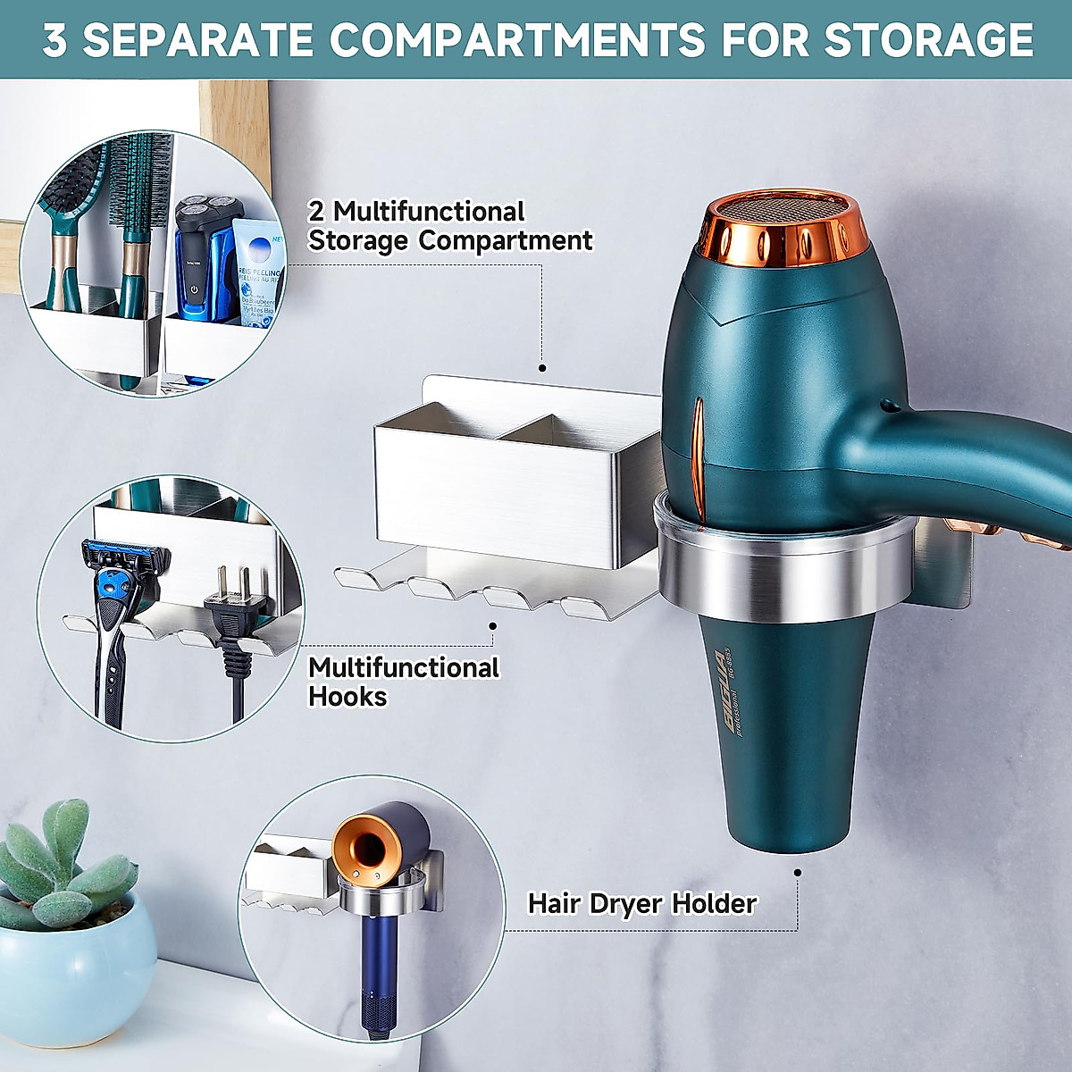 Oukimly Hair Dryer Holder Wall Mounted, Hair Tool Organizer, Stainless Steel Blow Dryer Holder, Adhesive Hair Dryer Hanger, Hairdryer Holder for Bathroom with Plug Hook and Storage Compartment