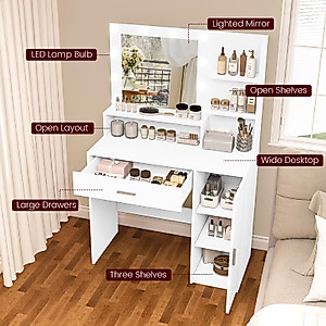 FIONESO Vanity Desk with 10 Lights & Mirror, 3 Storage Shelf, Big Drawer, Cabinet with Shelves, 3 Lighting Modes & Adjustable Brightness Dressing Table, Small Makeup Vanity, 35.4” Desk,Black