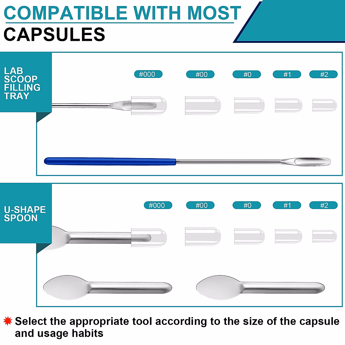 8 Piece Capsule Filling Machine Kits for Empty Pill Capsules Filler, Home & Lab Supplies - Micro Tiny Spoon Spatula, Lab Scoop Filling Tray, Herb Powder Tamper Tool, Gel Capsules Size #000 00 0 1 2 3