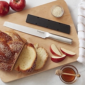 KitchenAid Gourmet Forged Triple-Rivet Serrated Bread Knife with Custom-Fit Blade Cover, 8-inch, Sharp Kitchen Knife, High-Carbon Japanese Stainless Steel Blade, Black