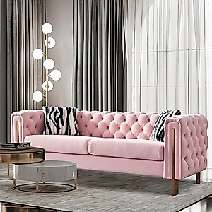 Melpomene Modern Button Tufted Velvet Sofa Chesterfield Sofa with Square Arm, Gold Metal Legs and 2 Throw Pillows for Living Room (Pink)