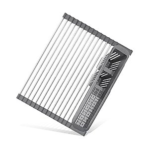 CLNGAI Roll Up Dish Drying Rack,Expandable Over The Sink Dish Drainer,Stainless Steel Kitchen Rolling Sink Rack with Utensil Holder,Length Up to 22.3" (Grey)