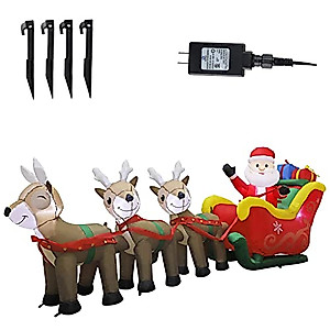 MorTime 9.5 FT Christmas Inflatable Santa Claus on Sleigh Pulled by Three Reindeers with Gift Boxes, Blow up Lighted Yard Decor for Outdoor Decorations