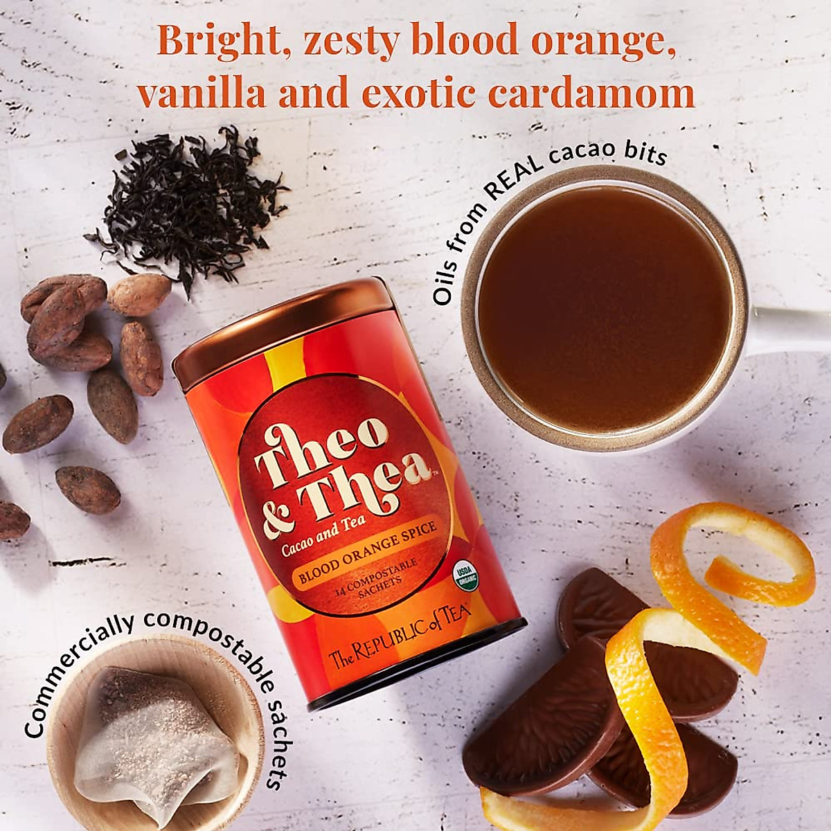 The Republic of Tea - Theo and Thea Blood Orange Spice Full-Leaf Black Tea, 14 Pyramid Sachets, Low Caffeine