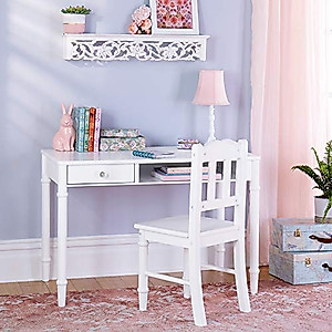 Guidecraft Dahlia Desk and Chair Set - White: Children’s Home Wooden Study Table for Computer, Homework, Writing with Storage Drawers, Kids Bedroom Furniture Workstation