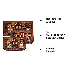 Kashi Home Kitchen Rug, Printed Area Rug, Durable Floor, Door Mat, Farmhouse Non-Slip Carpet Latex Backing Beautiful Design Chef 3pc Set (2 18x30 D Shape & 1 20x40)