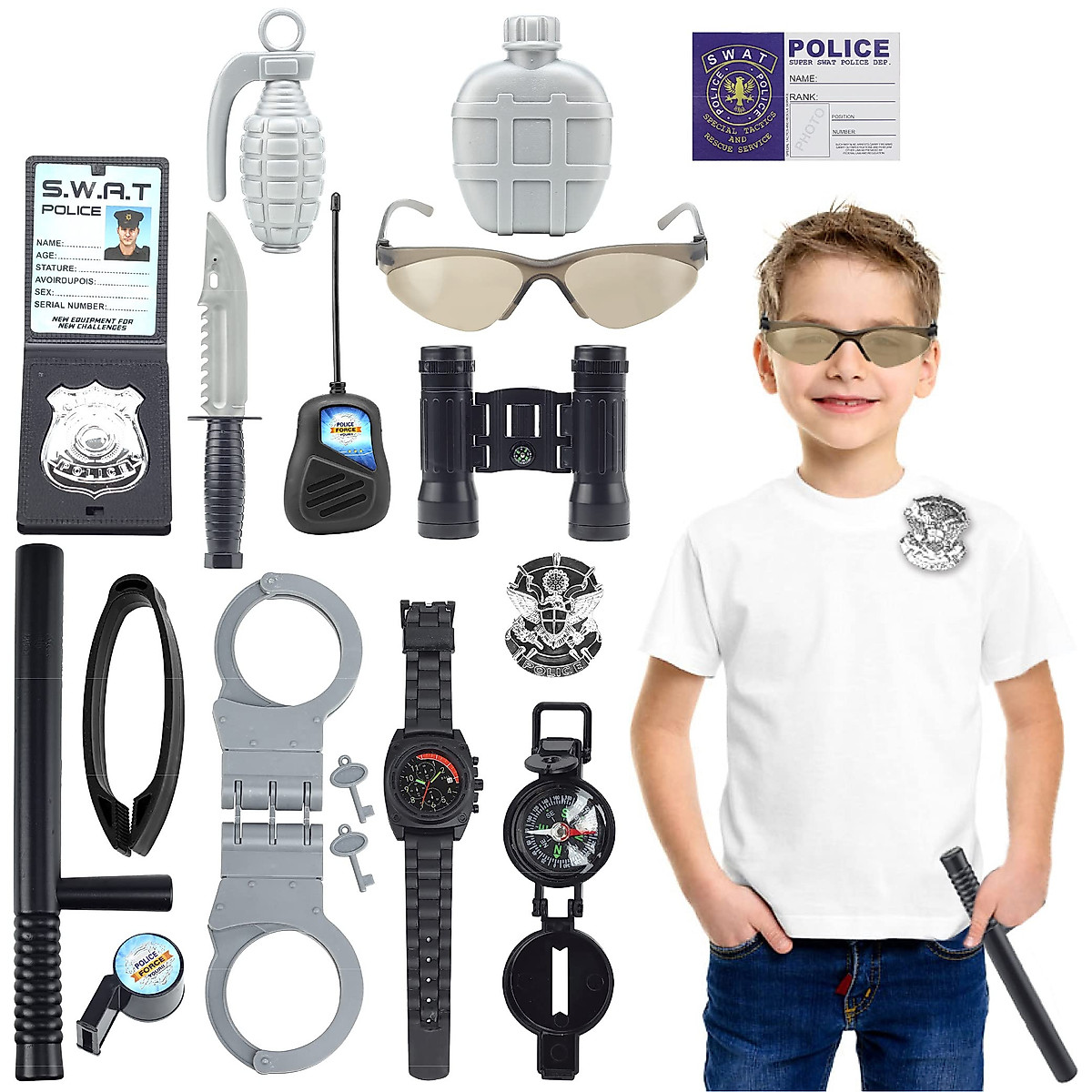 16 Pcs Police Pretend Play Toys,Police Role Play Kit for Halloween Dress Up Party,Cop Toy Set,Boys and Girls Role-Playing Toys,Police Toys Set for Birthday Party Gift