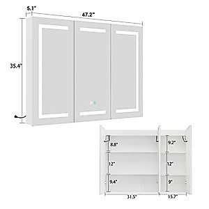 ECACAD LED Lighted Bathroom Medicine Cabinet with Mirror & Shelves, Wall Mounted Bathroom Mirror Cabinet with 3 Doors, Defogger， Adjustable Light Color & Brightness, White