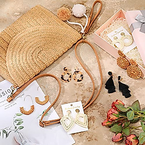 Straw Purse Bag for Women with 6 Pairs Boho Earrings Adjustable Handbag Summer Clutch Purse Hoop Drop Dangle Earrings Women (Boho)
