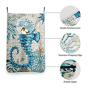 Seahorse Nautical Coastal Shell Hanging Laundry Hamper Bag 1 Pack Retro Sea Animal Starfish Dirty Clothes Storage Bin Washing Baskets Toy Book Clothing Holder for Door Wall Home Bathroom Bedroom