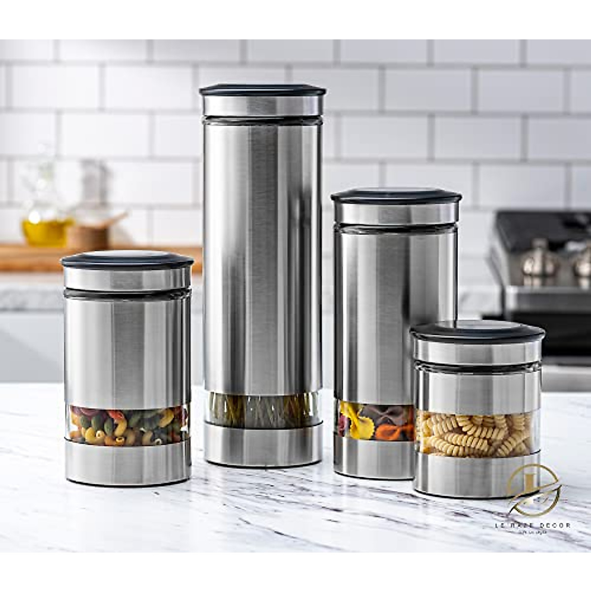 Le'raze Airtight Food Storage Container for Kitchen Counter with Window, [Set of 4] Canister Set Ideal for Flour Tea, Sugar, Coffee, Candy, Cookie Jar