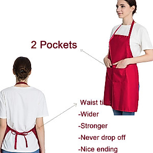 LOYHUANG Total 6PCS Red Aprons Bulk for Women Unisex Plain Colour Bib Aprons with 2 Front Pockets Washable Apron for Painting Cooking Baking Kitchen Restaurant Crafting