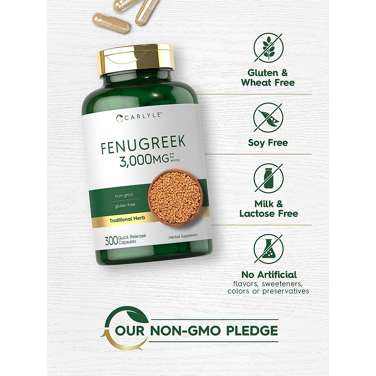 Carlyle Fenugreek Capsules | 300 Count | Non-GMO & Gluten Free Extract | Fenugreek Seeds