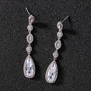 SWEETV Long Pear-Shaped Wedding Birdal Earrings for Brides, Bridesmaids, Crystal Chandelier Dangle Drop Earrings for Women Prom, Silver