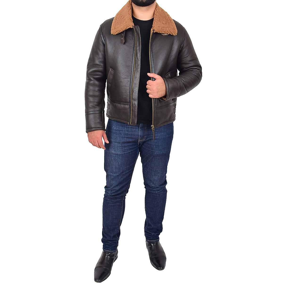 A1 FASHION GOODS Original Sheepskin Flying Jacket For Men B3 Bomber Aviator Pilots Shearling Coat Raptor (Brown/Ginger, Small)