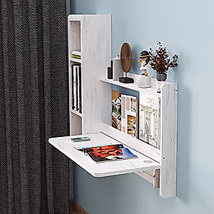Pmnianhua Floating Desk,Wall Mounted Laptop Computer Desk Folding Wall Table Desk Workstation with Storage Shelves for Wall Bedroom Small Space (Grayish-White-Left)
