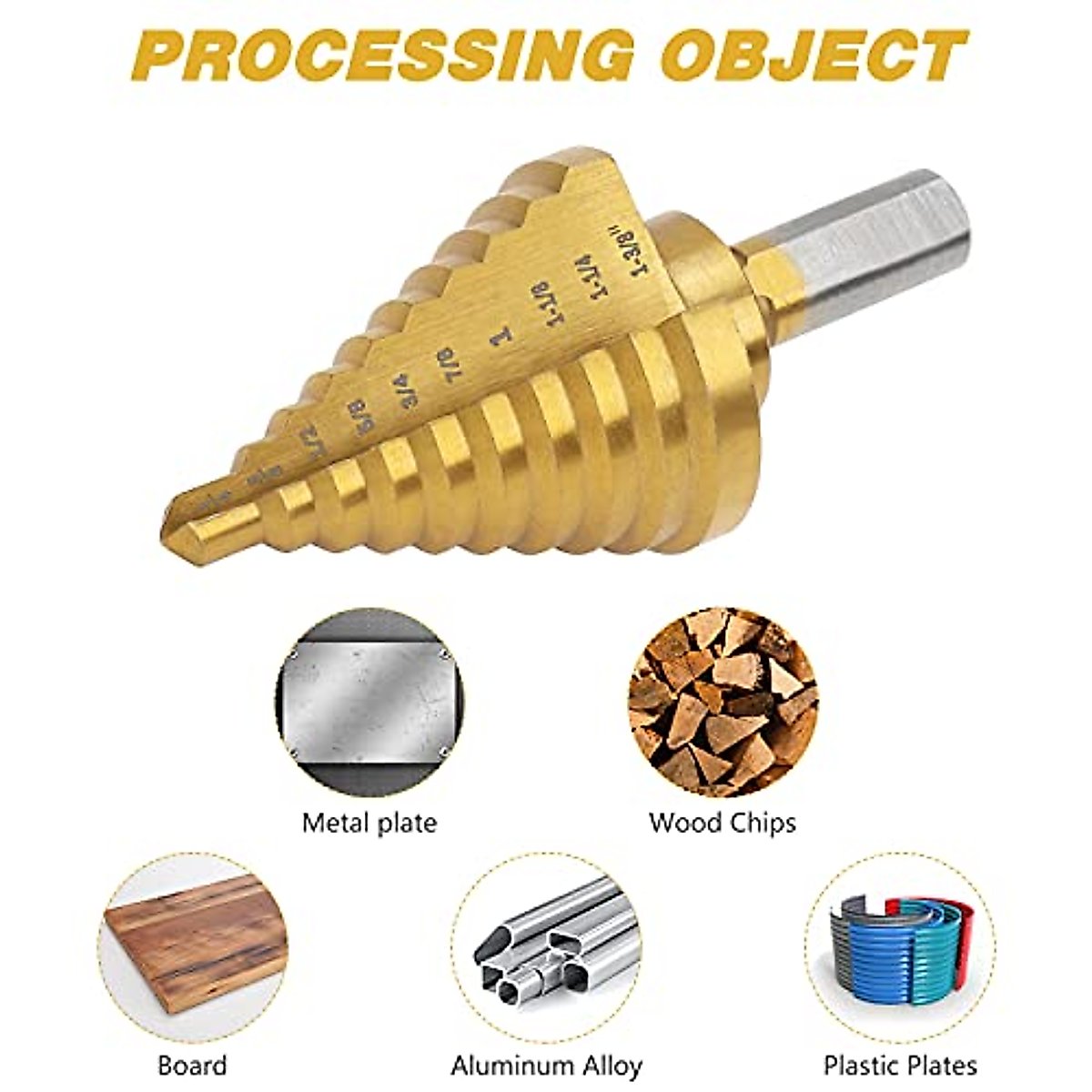 10 Sizes Titanium Step Drill Bit, 1/4 to 1-3/8 Inches High Speed Steel Step Drill Bits for Sheet Metal Hole Drilling Cutting, HSS Multi Size Unibit Drill Bits DIY Lovers, Multiple Hole Stepped up Bits