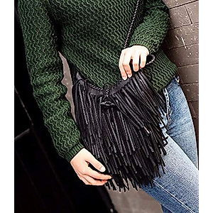 NIGEDU Women Tassel Shoulder Bag PU Leather Bohemian Fringed Crossbody Handbag Vintage Messenger Bags (Black)