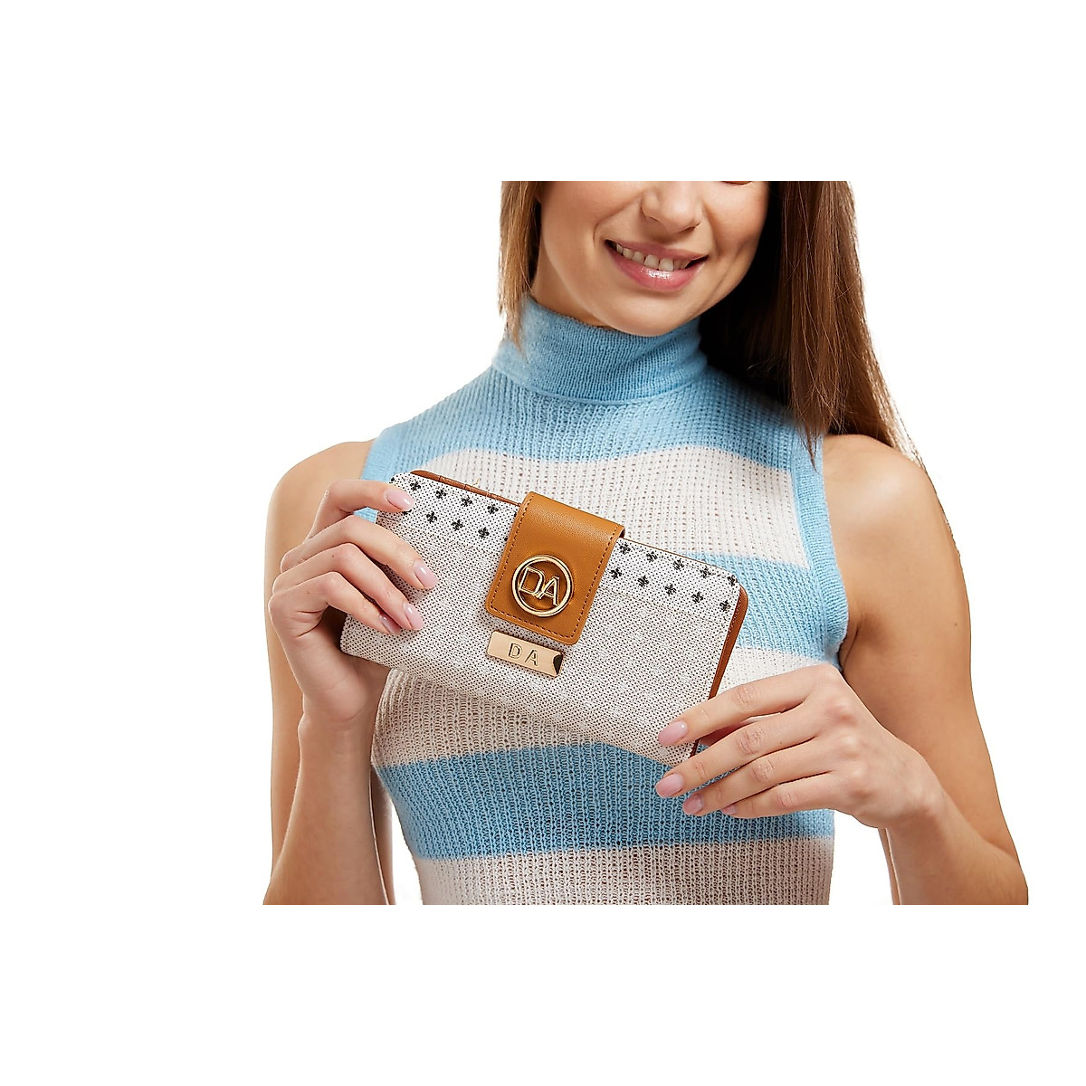 DA Women's RFID Blocking designer Leather Wallet Large Phone Holder Clutch Travel Purse Wristlet wallets for women (Tan & Beige)