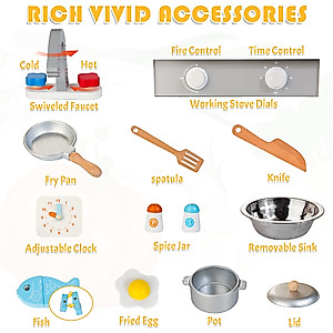 WOODMAM Wooden Play Kitchen Set for Kids, Small Pretend Kids Kitchen Playset with Play Food & Removable Sink Faucet for Boys Girls Age 3+