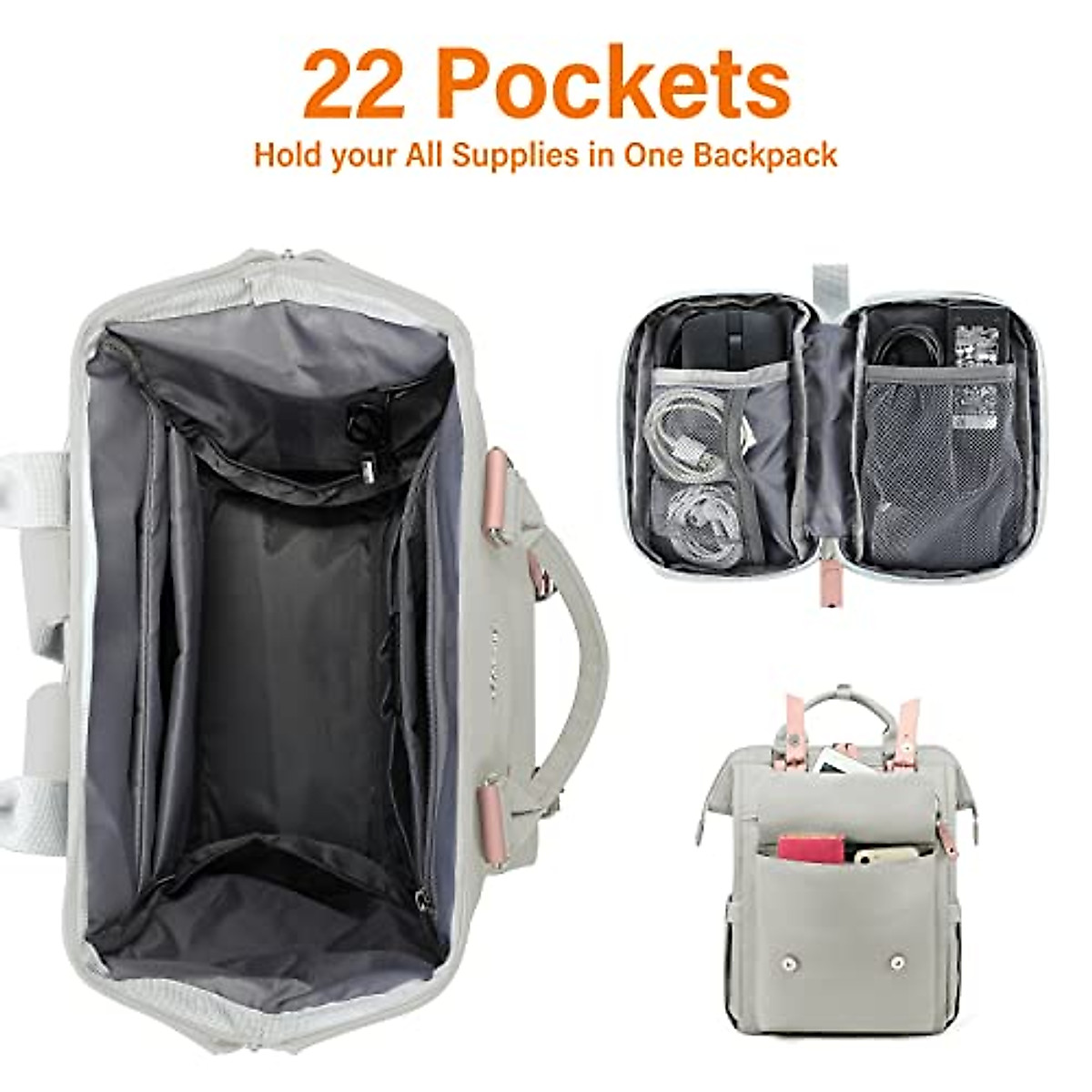 LOVEVOOK Laptop Backpack for Women Work Travel Commuter Backpack Purse, College Nursing Backpack Business Computer Bag Doctor Nurse Bags, 15.6 Inch, Light Grey-pink