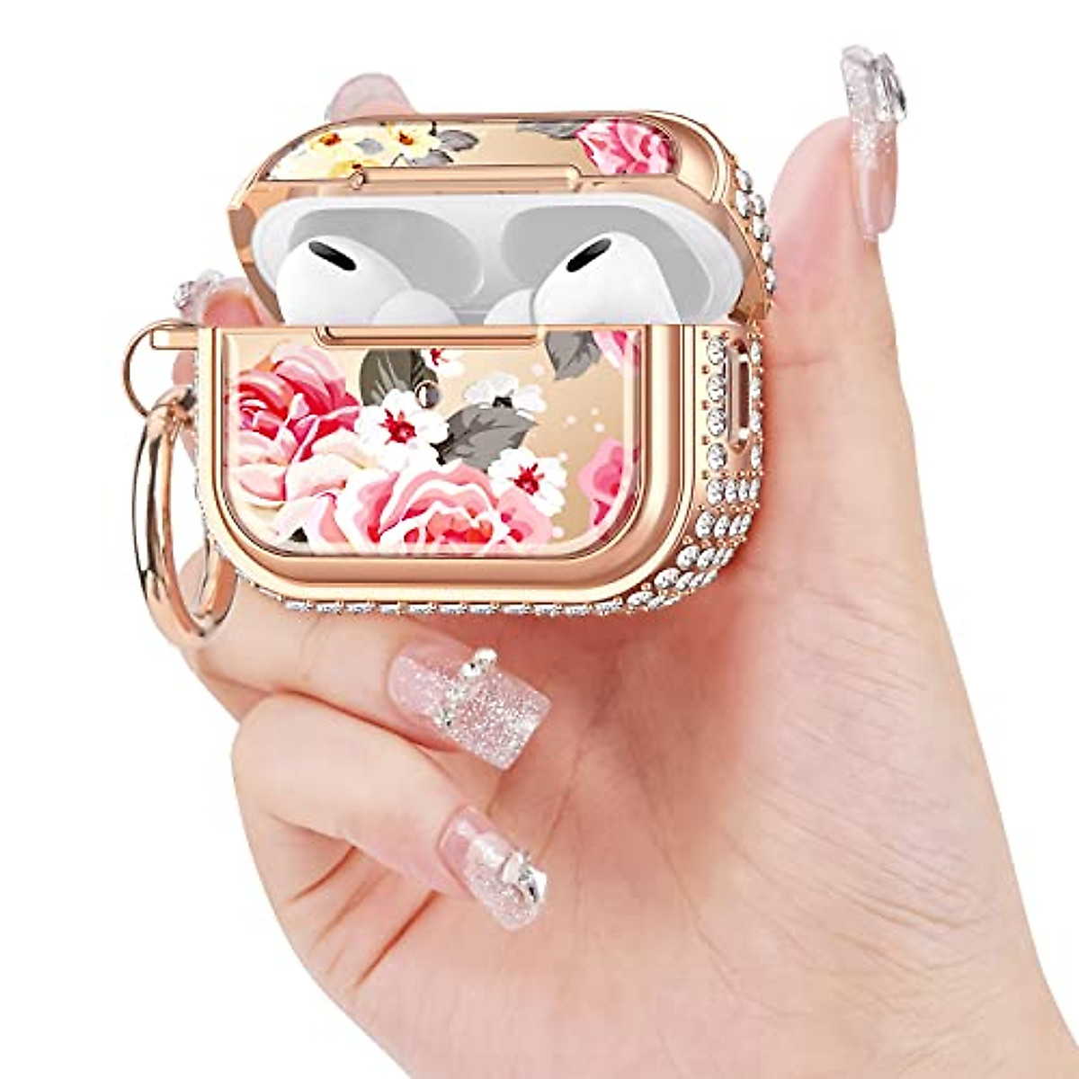 V-MORO for Airpods Pro 2nd Generation Case, Glitter Full Protective Apple Airpod pro 2 Case Cover with Kaychain for Women, Flower Diamond iPod Pro 2022 Wireless Charging Case Girls-Pink Rose