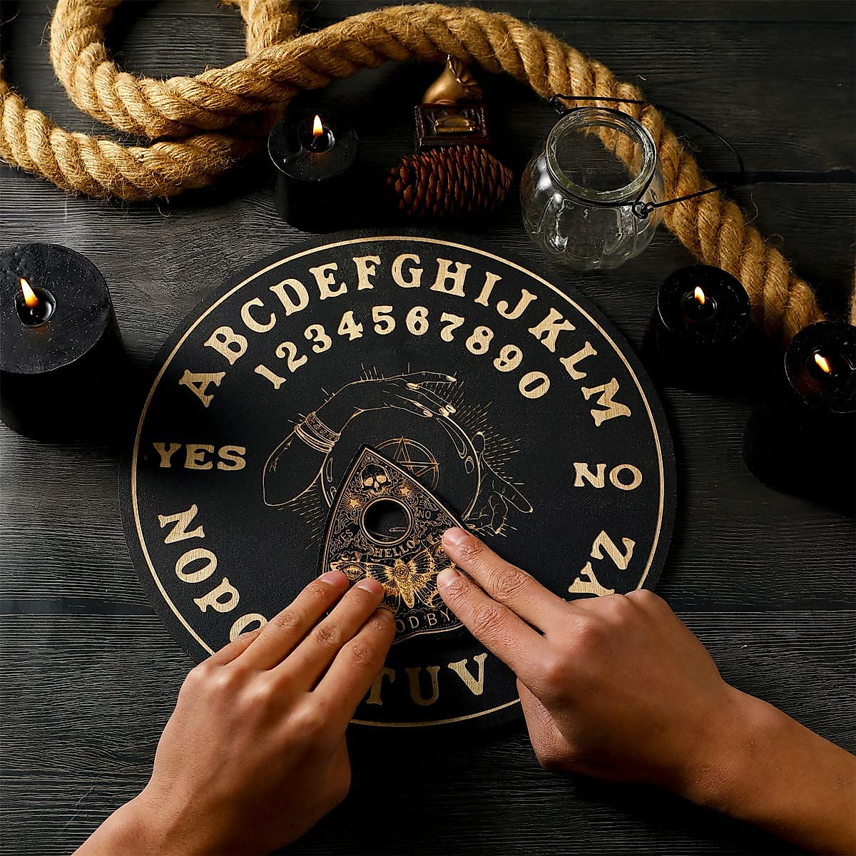 Keithwood 11.5’’ Black Spirit Board with Planchette Handmade Black Talking Board Game Spirit Board for Spirit Hunt, Witch Craft, Occult Practice - Magic Crystal Ball Pentagram Star in Hands