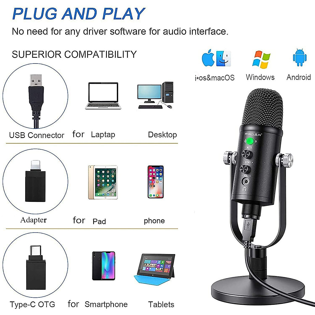 PROAR Microphone for Podcast, USB Microphone Kit for Phone, PC/Micro/Mac/Android,Professional Plug&Play Studio Microphone with Stand for Gaming, Online Chatting, Videos, Voice Overs, Streaming