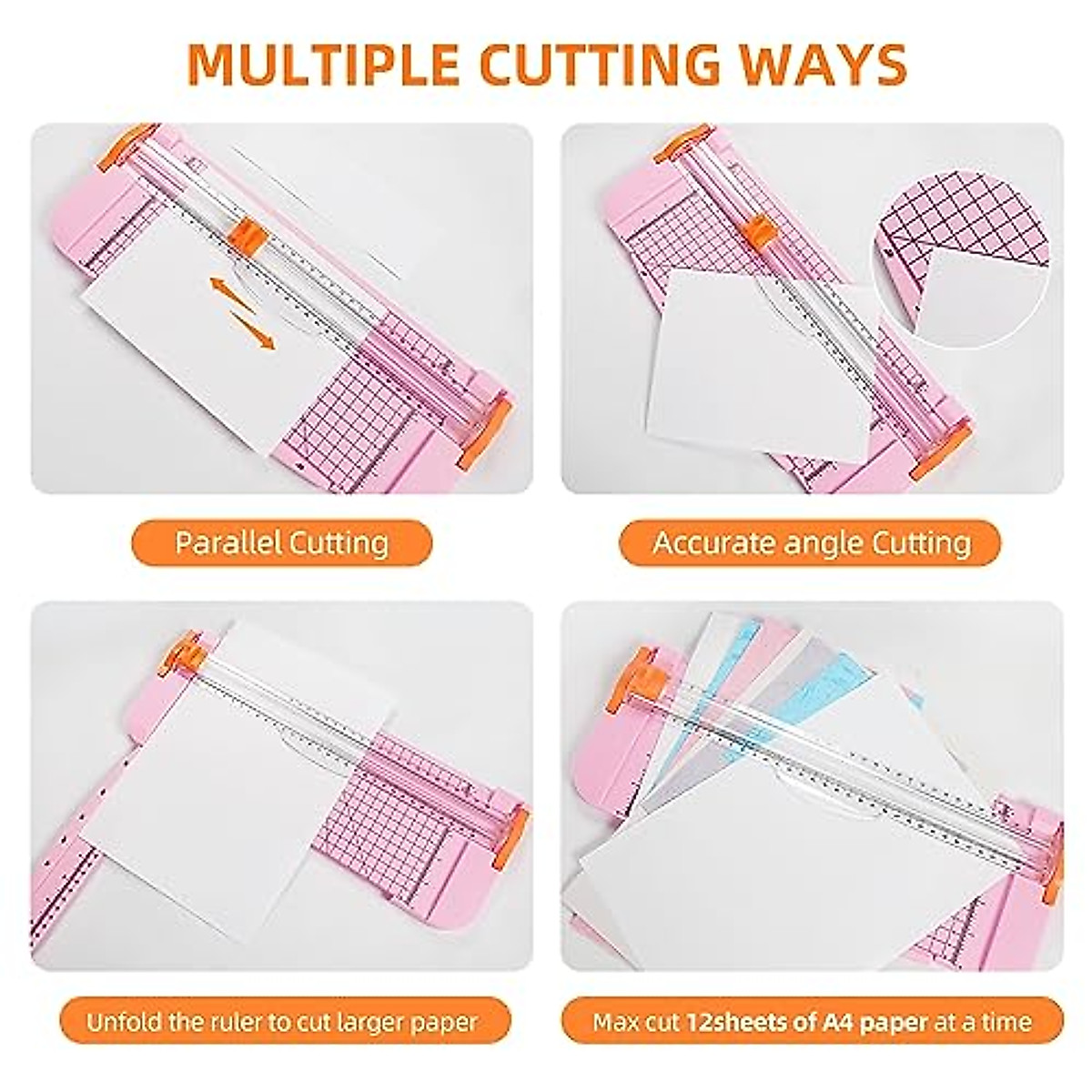 DORALEAF Paper Cutter, Portable Paper Slicer, Paper Trimmer Scrapbooking Tool with Automatic Safety Protection Side Ruler for Craft Paper (12 Inch, Pink)