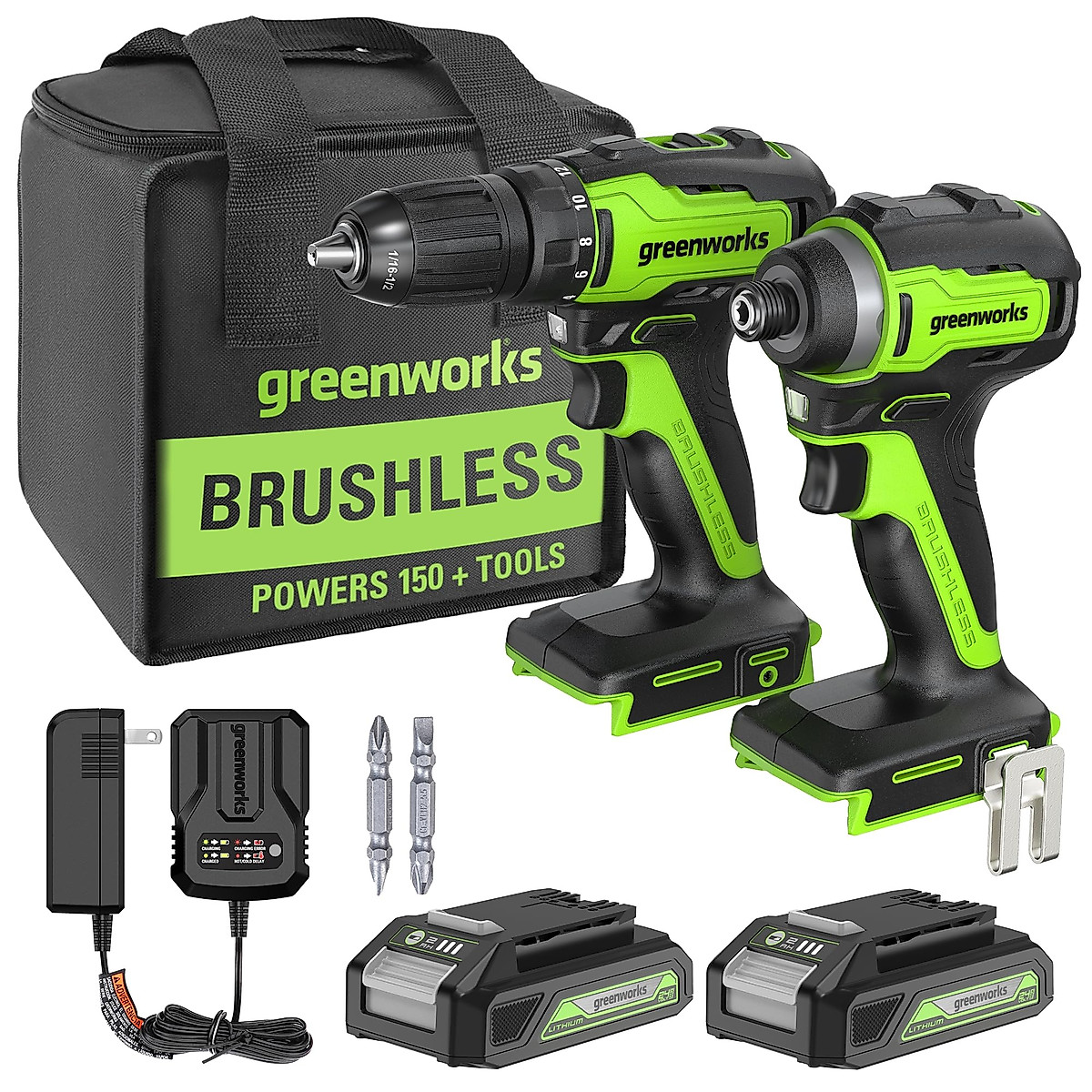 [Professional Grade] Greenworks 24V Max Cordless Brushless Drill + Impact Combo Kit, (2) 2.0Ah Batteries, FAST Charger, and Bag Included