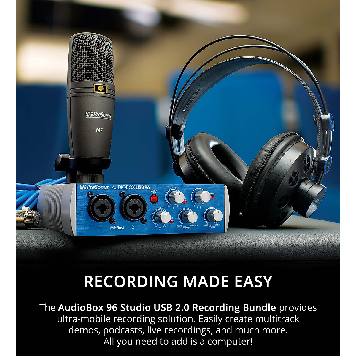 PreSonus AudioBox 96 Studio USB 2.0 Recording Bundle with Interface, Headphone, Microphone & Studio One Artist, Blucoil Boom Arm, 10' XLR & Instrument Cables, USB-A Mini Hub and 3' USB Extension Cable
