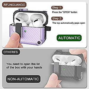 RFUNGUANGO for AirPods Pro 2nd /1st Generation Case Cover, Automatic Pop-up Carbon Fiber Case with Secure Lock Clip, Full Body Shockproof Hard Shell Protective Case for AirPods Pro 2022/2019- Purple