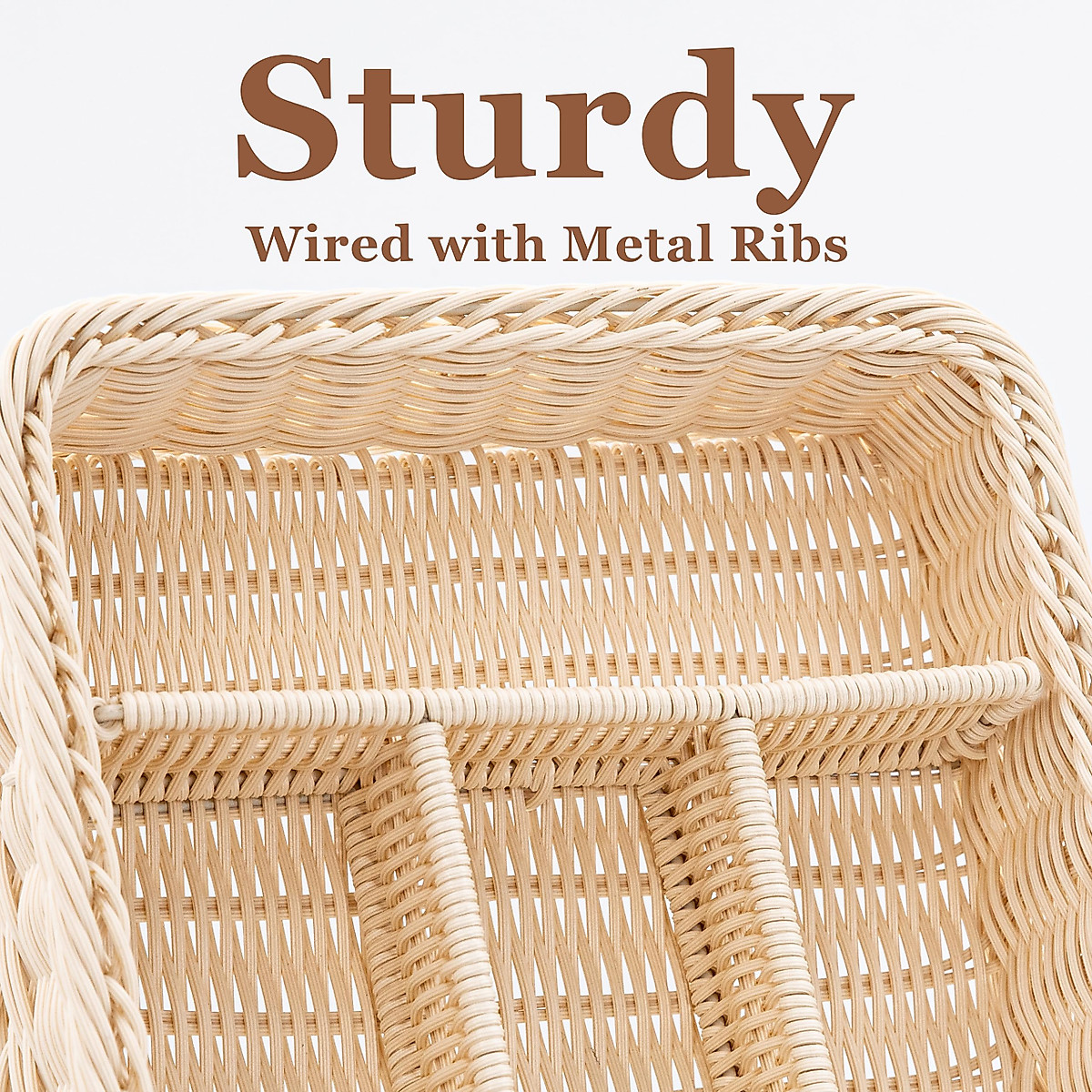 myHomeBody Rectangle Wicker Utensil Holder, Utensil Organizer, Cutlery Organizer for Kitchen Organization, Kitchen Utensil Drawer Organizer Kitchen Accessories, Resin Wicker 1 pc, Cream