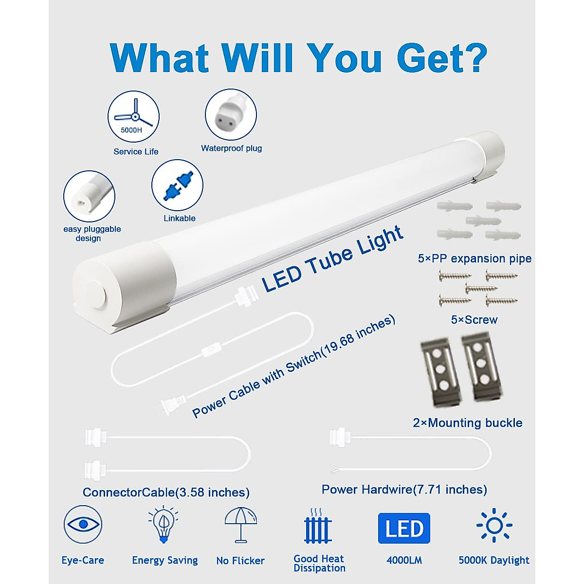 Ovensty LED Shop Light Fixture 4FT with Plug, 48W Super Bright Linkable Garage Lights 5000K Daylight White,Utility Ceiling Light, LED Workbench Lights for Warehouse, Workshop,Plug and Play (White)