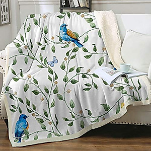 Sleepwish Watercolor Green Leaves Sherpa Fleece Blanket Butterflies Blue Birds and Tree Branch Soft Blanket Spring Pattern Super Warm Lightweight Bed Couch Blankets Throw(50"x60")