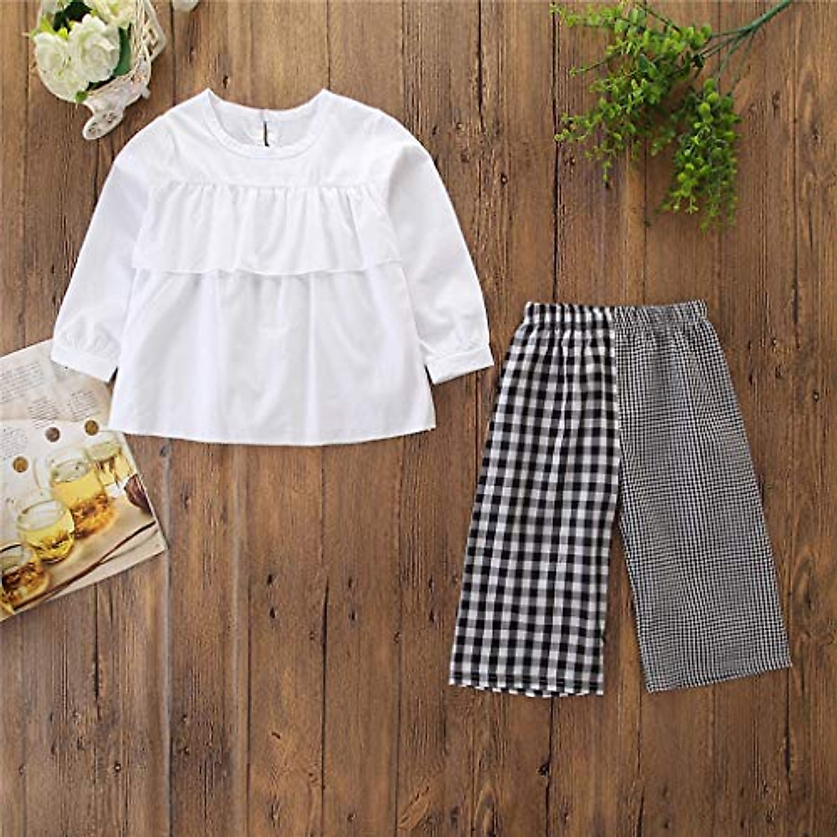 Toddler Outfits Cute Ruffle Long Sleeve Top and Plaid Pants Mitiy 2Pcs Baby Girl Clothes Set