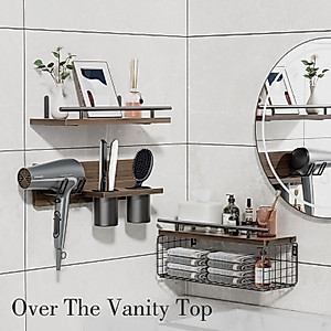 RoleDes Bathroom Floating Shelves with Hair Dryer Holder - Wall Mounted Wood Wall Shelf with Blow Dryer Storage Over The Toilet - Set of 3 Rustic Brown Farmhouse Decor