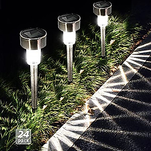 PEMUISE Solar Lights Outdoor 24 Pack Solar Path Lights Waterproof Solar Walkway Lights Stainless Steel Outdoor Decor Garden Led Lights for Landscape/Patio/Lawn/Yard/Driveway (Cold White)