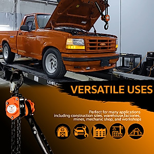 SuperHandy Manual Chain Hoist Come Along 1/2 Ton 1100Lbs Capacity 5' Foot Lift 2 Heavy Duty Hooks Commercial Grade Steel Construction Building Garages Warehouse Automotive Machinery