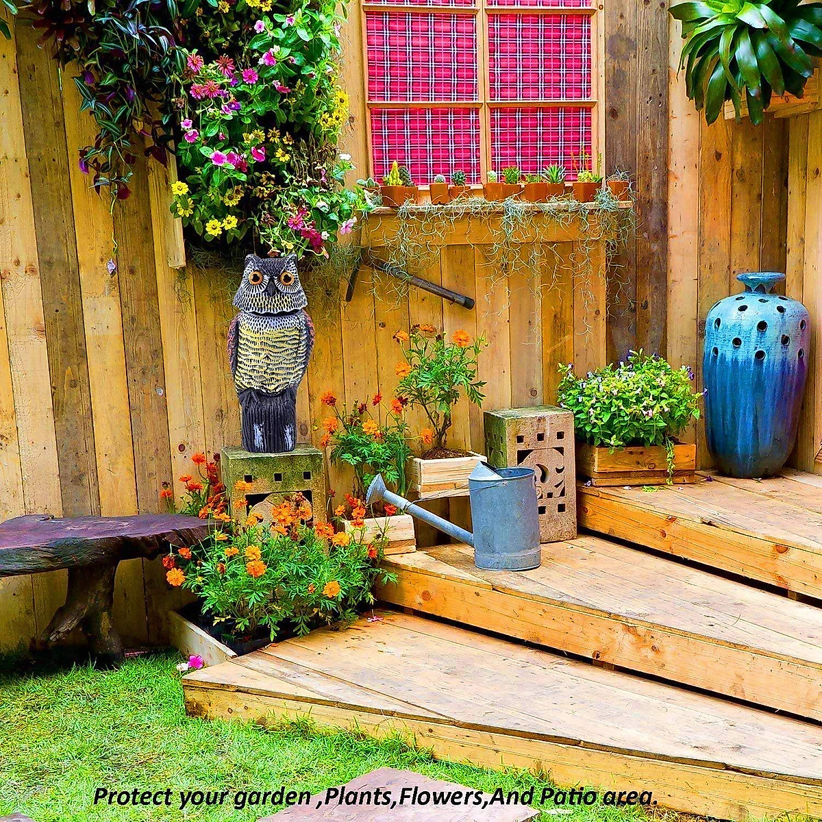 CLEYCYE Fake Owl Scarecrow Sculpture with Rotating Head for Outdoor Garden Yards